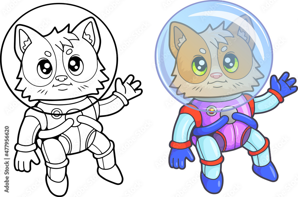 astronaut cartoon cute cat, coloring book, funny illustration Stock ...