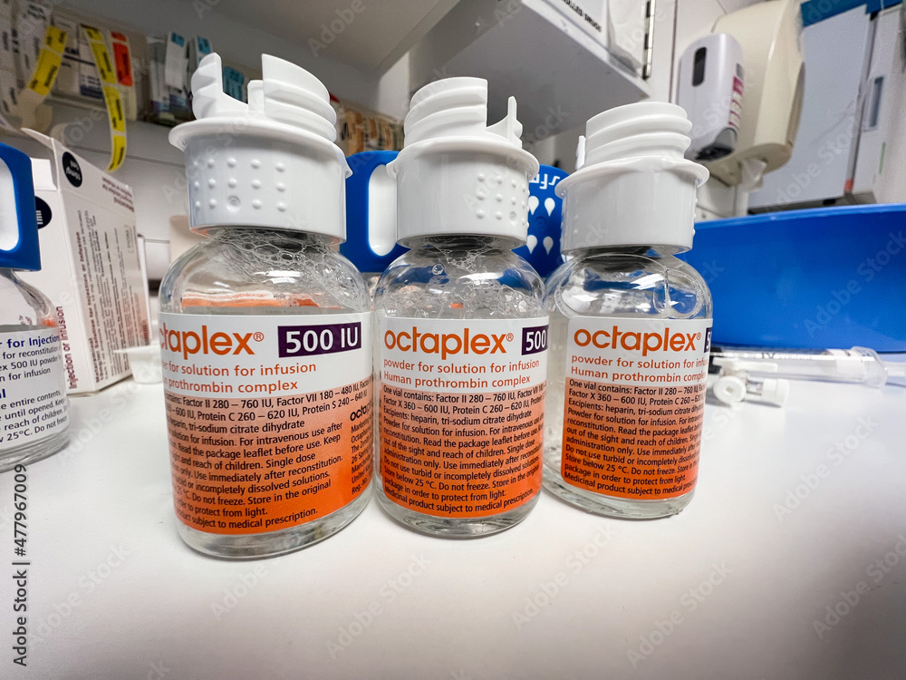 Vials of drug to reverse excessive coagulation, called Octaplex, used ...