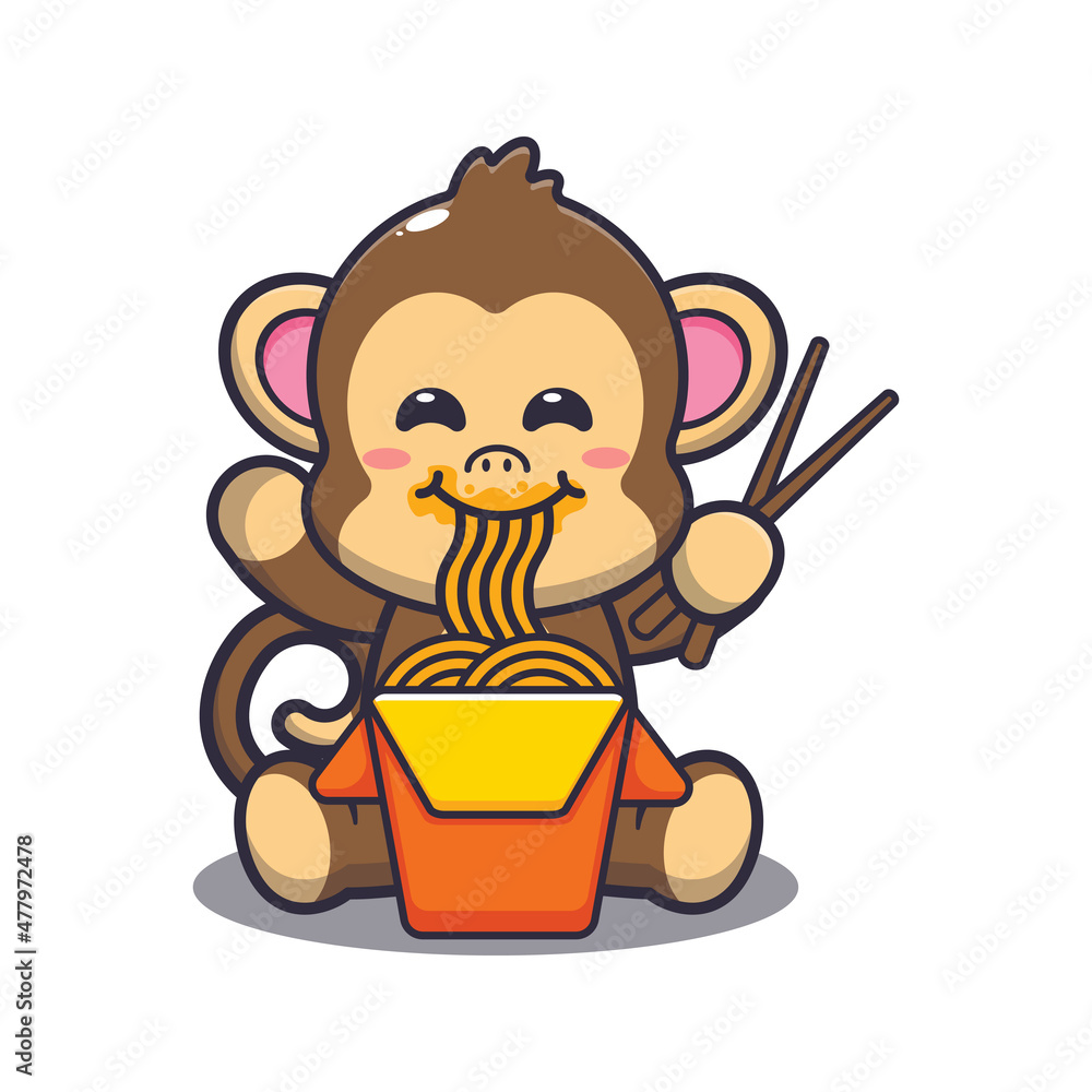 Cute monkey eating noodle. Cute cartoon animal illustration. Stock ...
