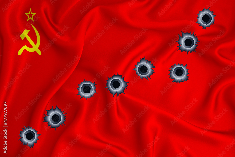 ussr flag Close-up shot on waving background texture with bullet holes ...