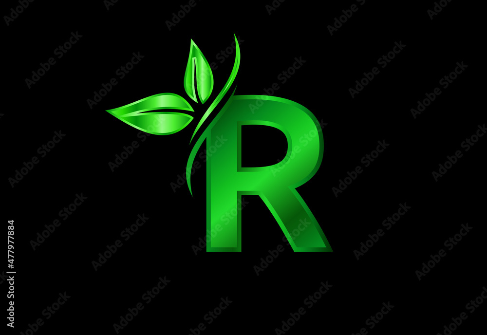 Initial R monogram alphabet with two leaves. Green eco-friendly logo ...