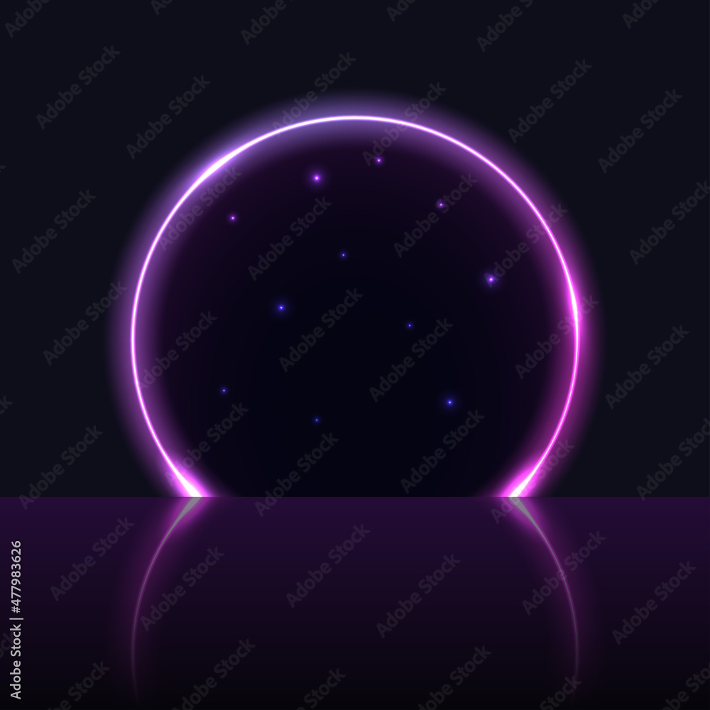 Neon arch gate, purple glowing portal to galaxy pace. Light glow effect ...