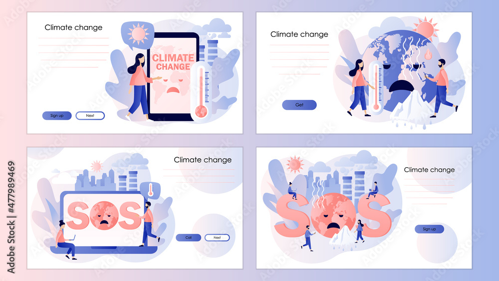 Climate change. Global warming concept. SOS. Tiny people trying save ...