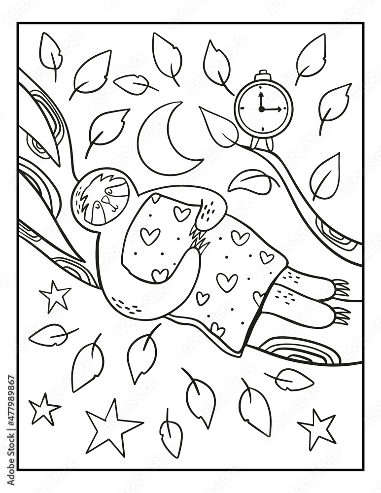 Sleeping sloth coloring page. Animal coloring page in cartoon style on ...
