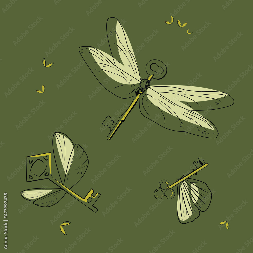 Vintage elegant illustration with flying keys. Vector in vintage style ...