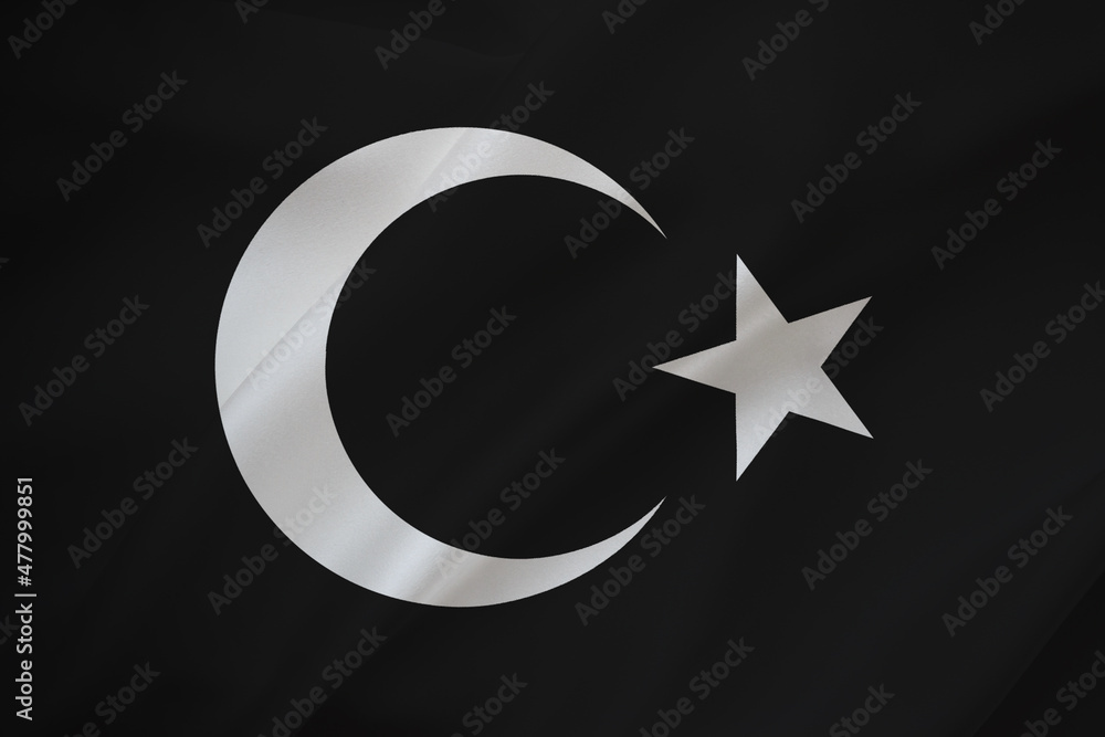 Black and white Turkish flag on waving silk background. Fabric texture ...