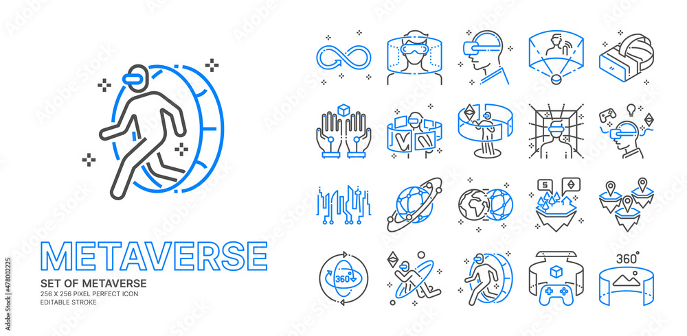 Metaverse line icon set with VR, Virtual reality, Game, Futuristic ...