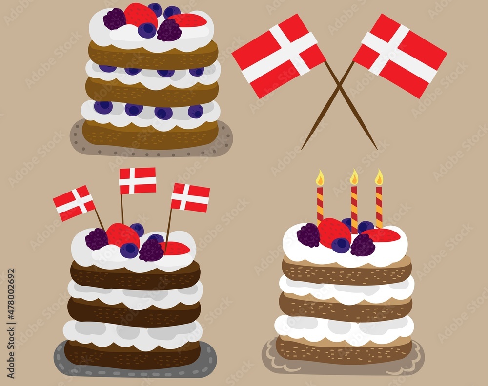 Set of Danish lagkage sweet layer cake with fruits. Vector illustration ...