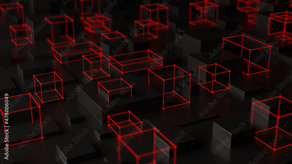 Abstract black 3d blocks background, with red hologram, metaverse ...