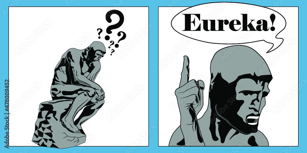 Comic strip of two frames about the sculpture of the thinker. Eureka ...