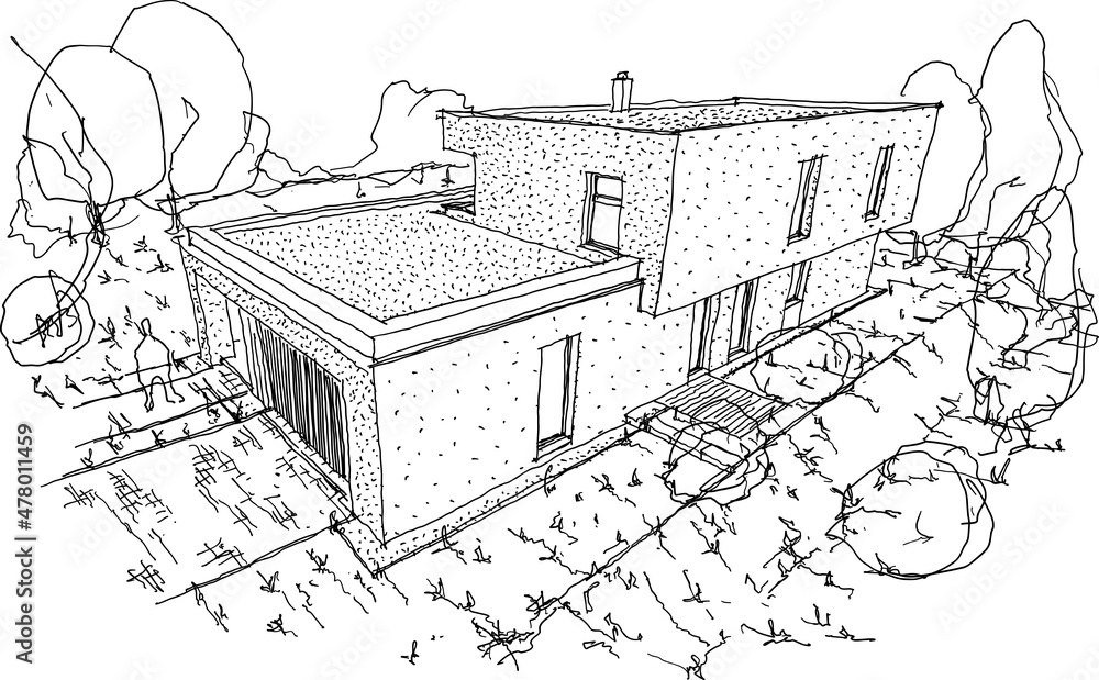 hand drawn architectural sketches of modern one story detached house ...