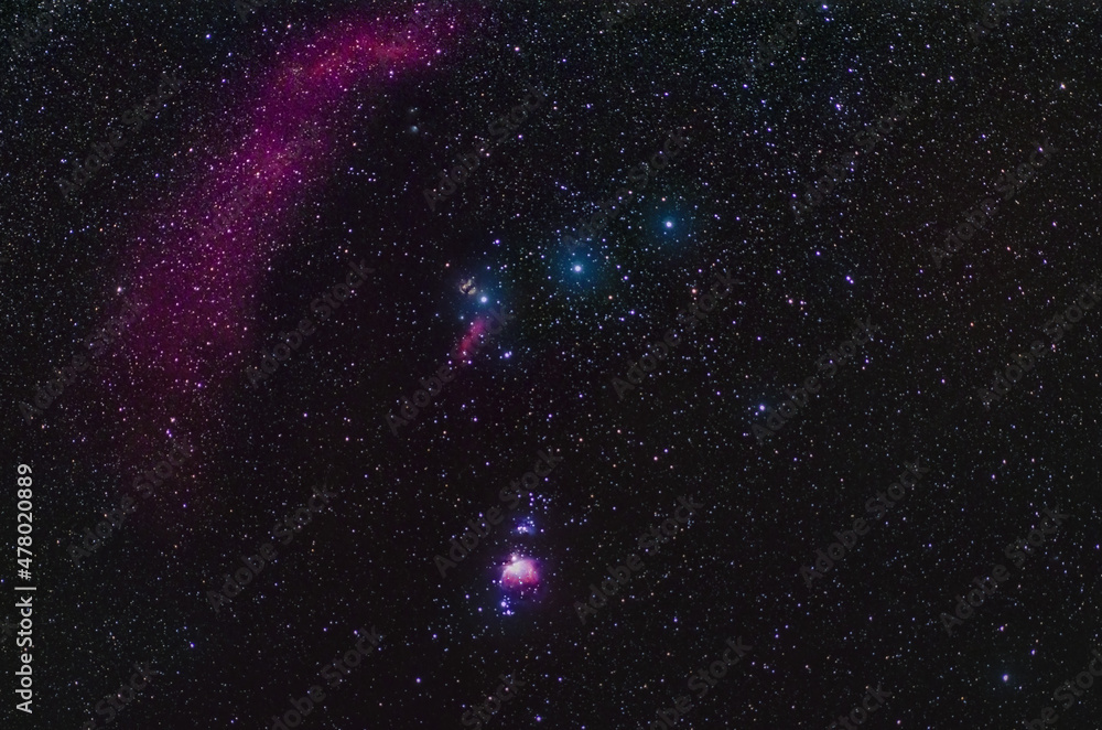 wide field of constellation of Orion with Orion Nebula, flame nebula ...