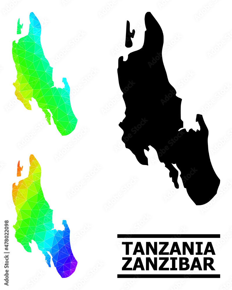 Vector low-poly rainbow colored map of Zanzibar Island with diagonal ...