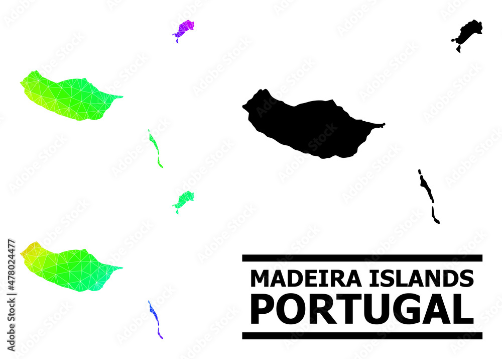 Vector low-poly spectrum colored map of Madeira Islands with diagonal ...