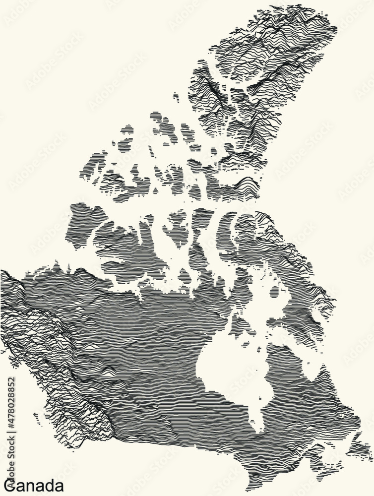 Topographic relief map of CANADA with black contour lines on beige ...