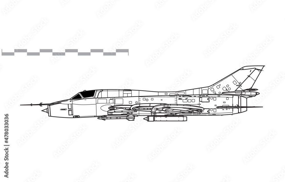 Sukhoi Su-22M Fitter-F. Vector drawing of fighter-bomber aircraft. Side ...