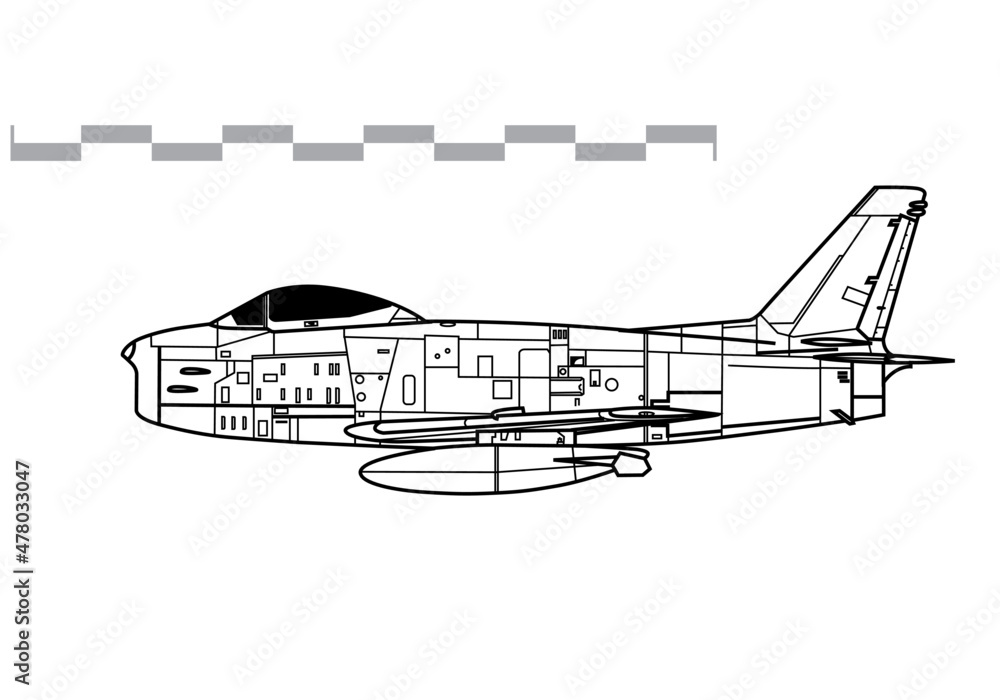 North American F-86H Sabre. Vector drawing of early jet fighter-bomber ...