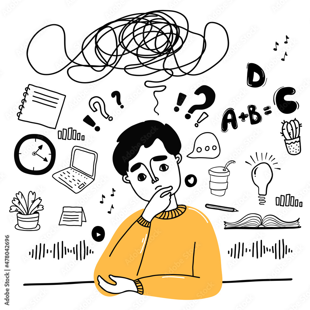 large set of line drawings about thoughts and tasks. Pensive man ...