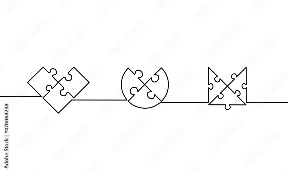 Continuous line drawing of puzzle icon set, problem solving business ...