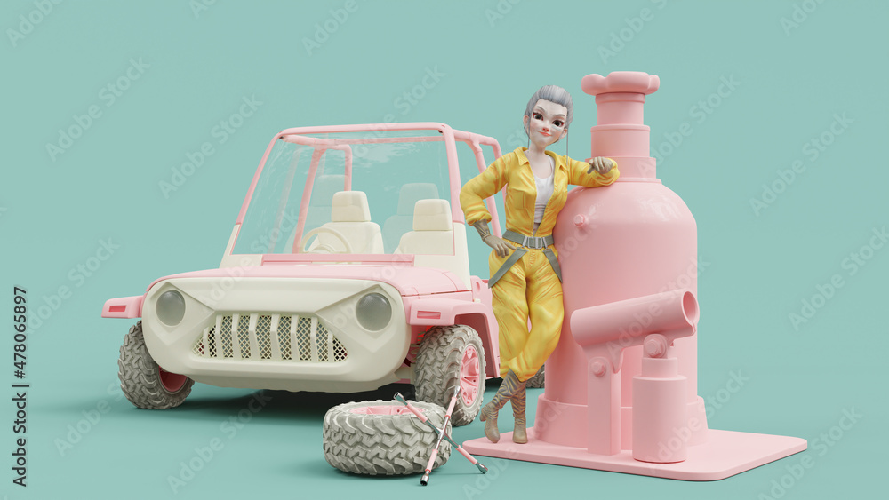 Beautiful car mechanic wearing yellow dress leans on a pink jack with ...