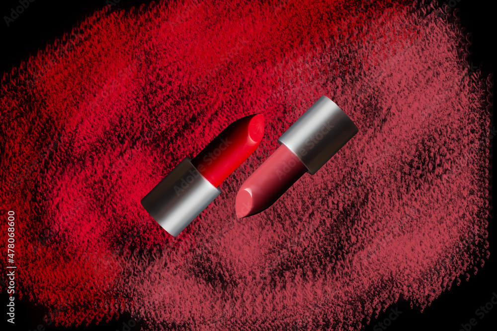 red lipstick on with self colored crayon smear on black background ...