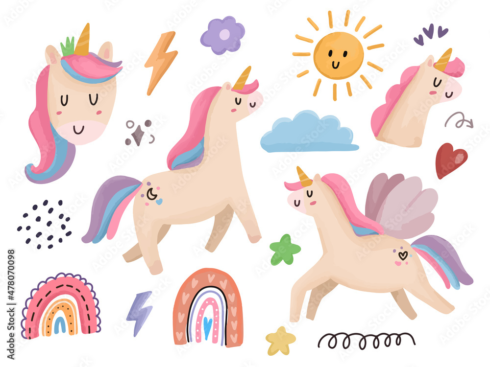 Cute Unicorn watercolor illustration set. Baby unicorn and rainbow ...