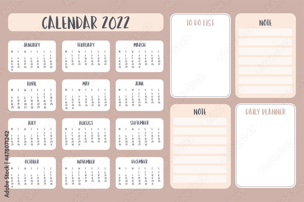 Calendar 2022 year. Planner, notes and to do list template. Printable ...