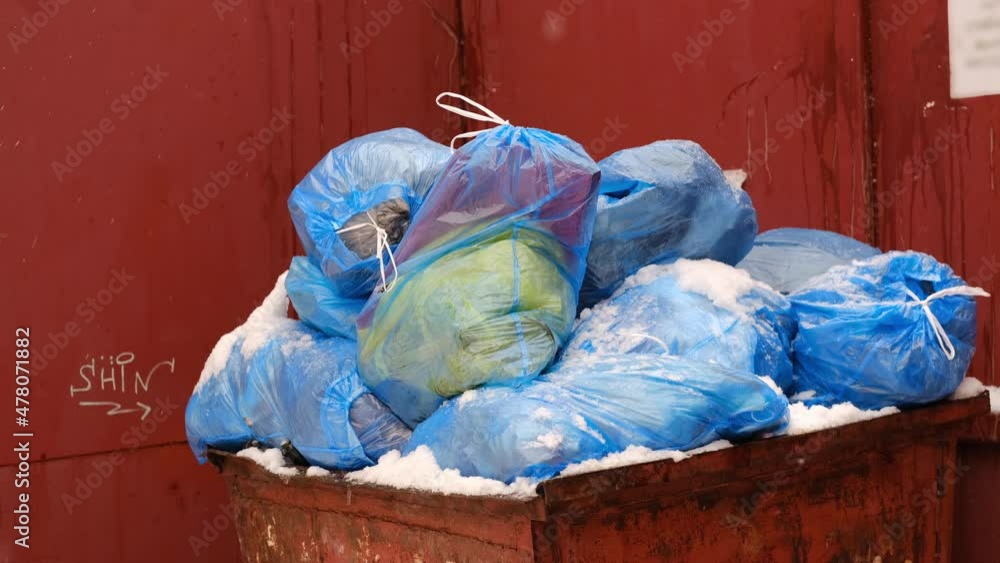 Overflowing trash can with plastic trash bags. Garbage in urban street ... Overflowing trash can with plastic trash bags. Garbage in urban street ...