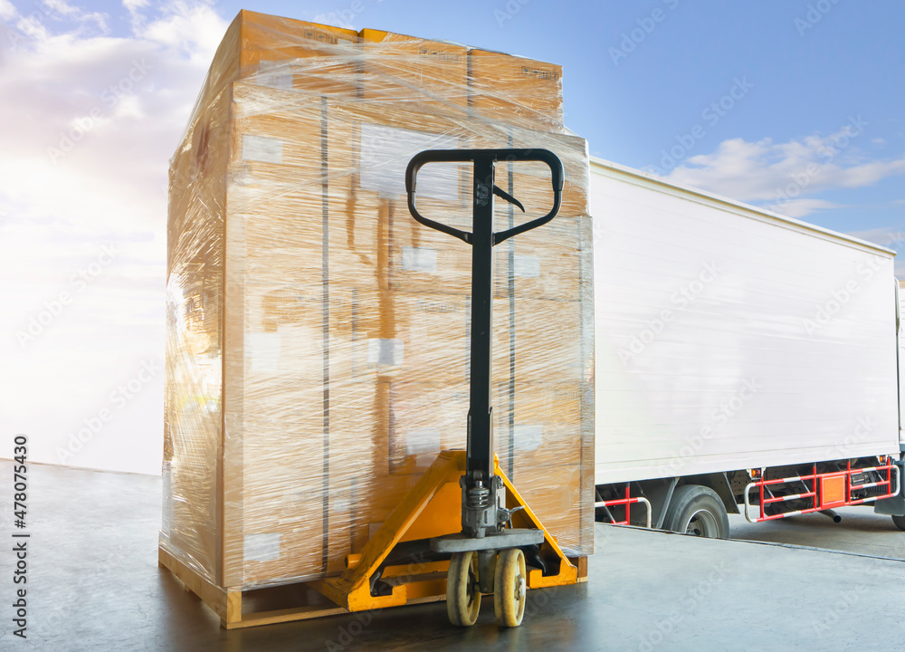 Packaging Boxes Wrapped Plastic Film on Pallets Loading into Shipping ...