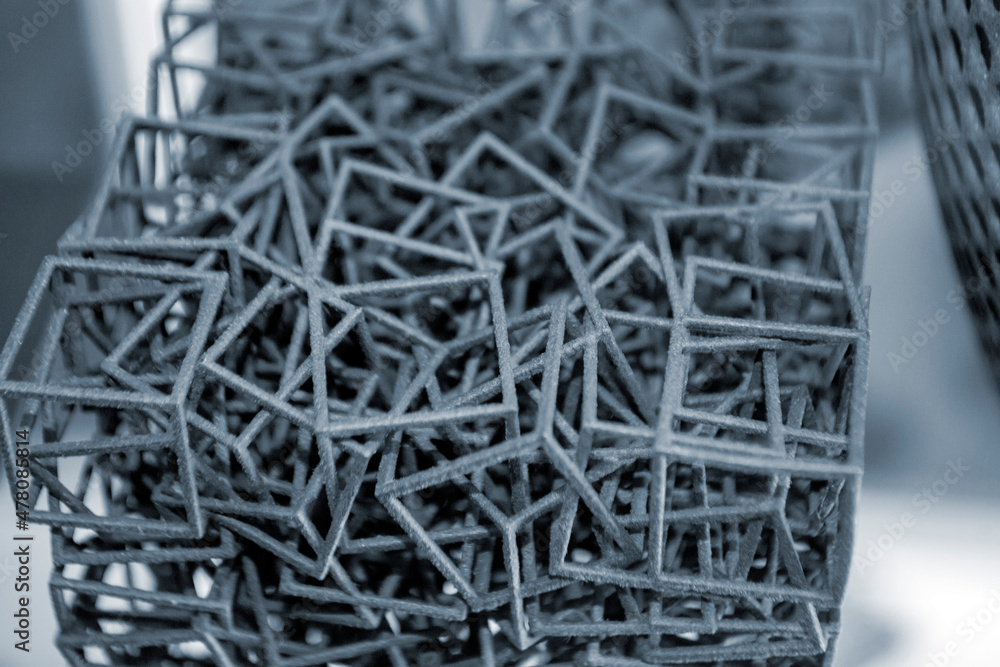 Black abstract model object printed on 3d printer from powder close-up ...