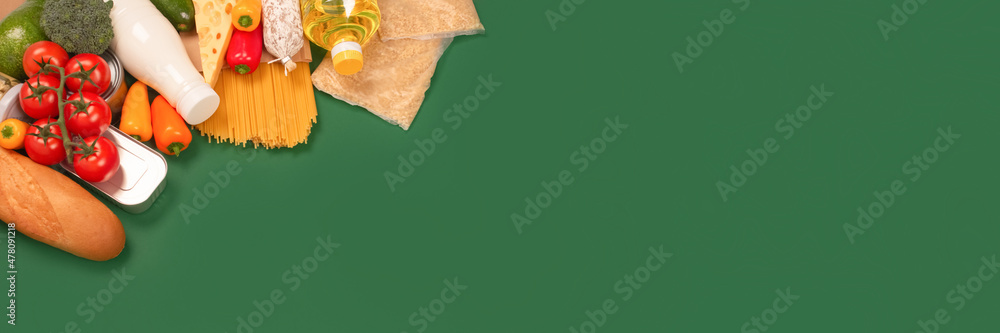 Banner with different groceries, food donations on green background ...