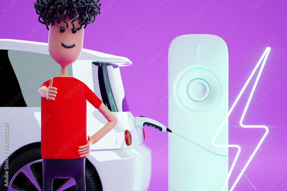 Electric car at charging station with cartoon young man, thumbs up ...