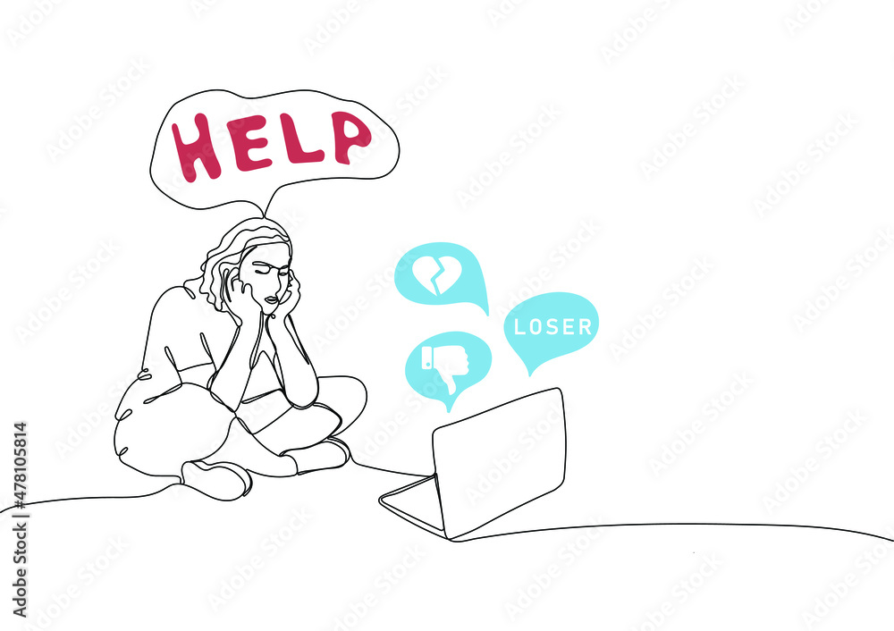Cyberbullying concept, sad teenager in front of laptop need help. One ...