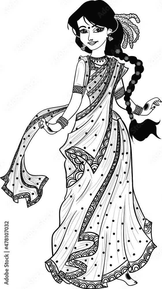 Indian bride black and white line drawing clip art. Indian wedding clip ...