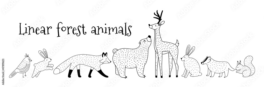 Hand drawn vector set with forest and woodland animals in line art ...