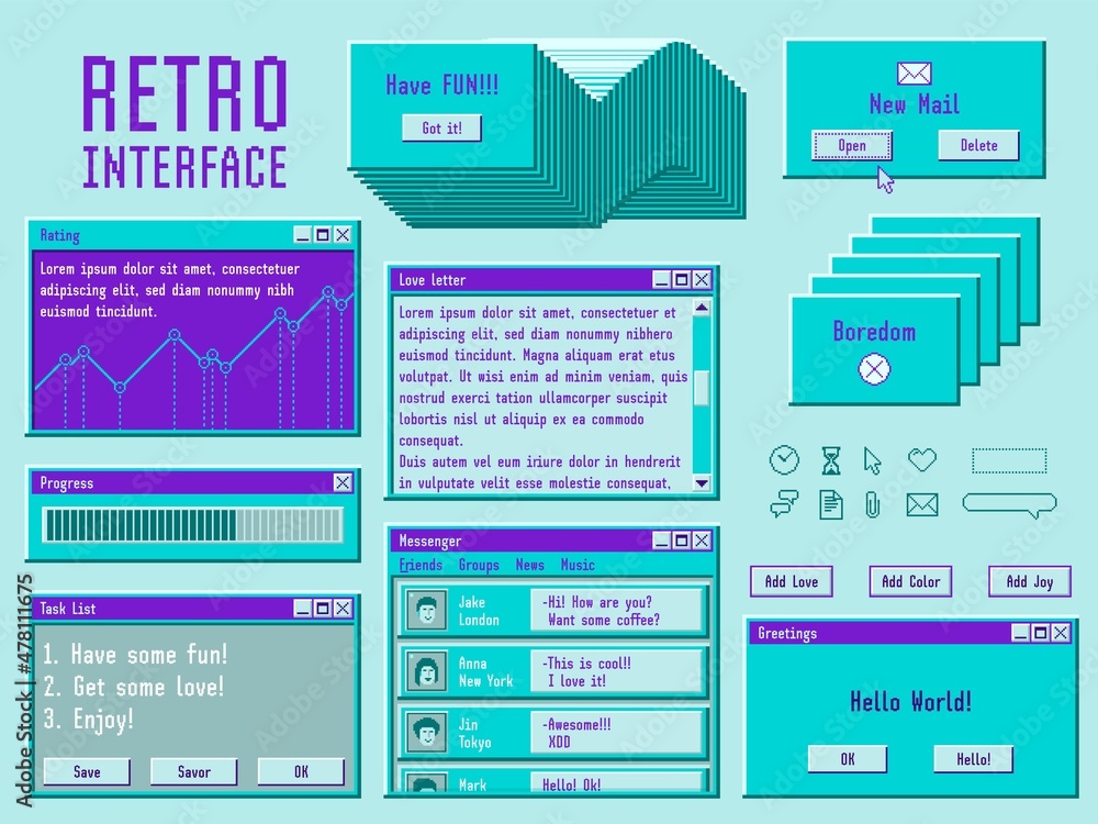 Retro interface elements. Vintage pc window, computer user desktop. Digital 90s software ...