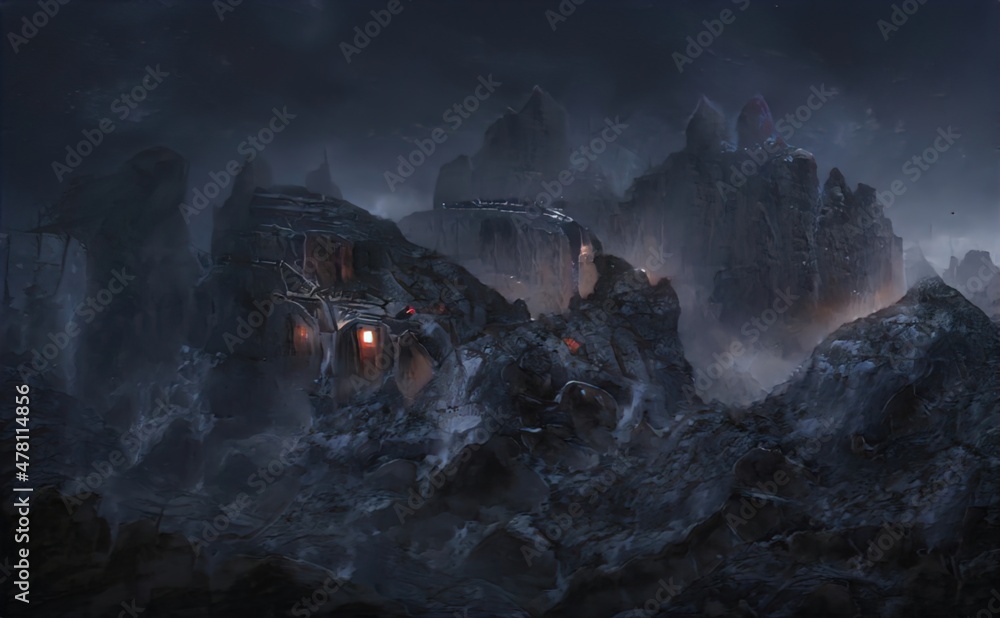 Ruins old castle on mountain, mystical fantastic landscape. Panorama of ...