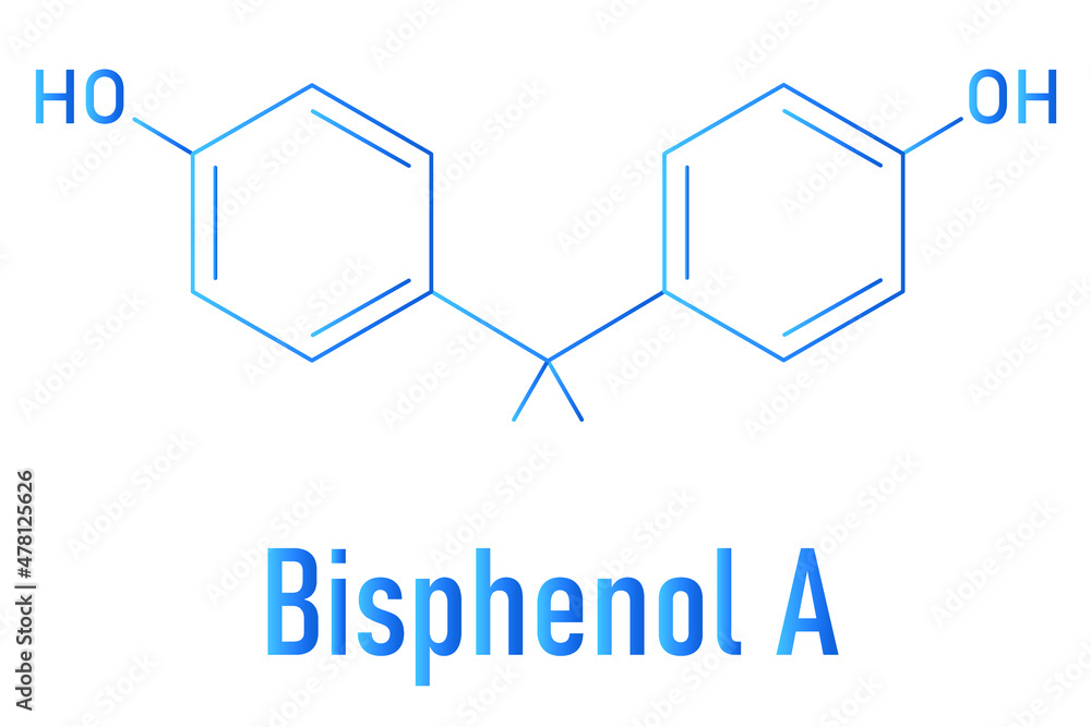 Bisphenol A or BPA plastic pollutant molecule. Chemical often present ...
