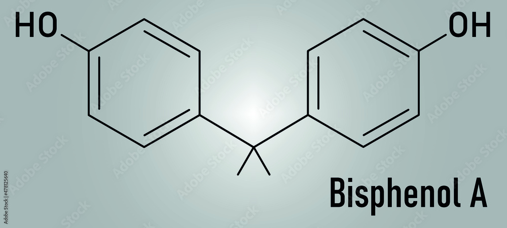 Bisphenol A or BPA plastic pollutant molecule. Chemical often present ...