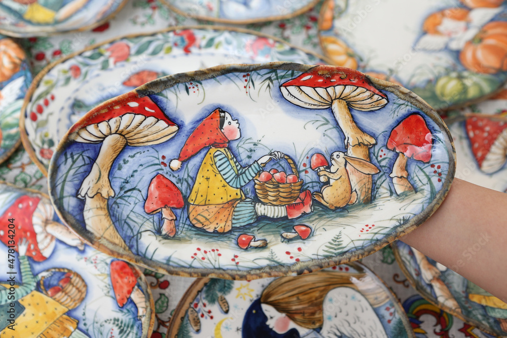 Gzhel, russian ware. Porcelain. Table setting, traditonal national ...