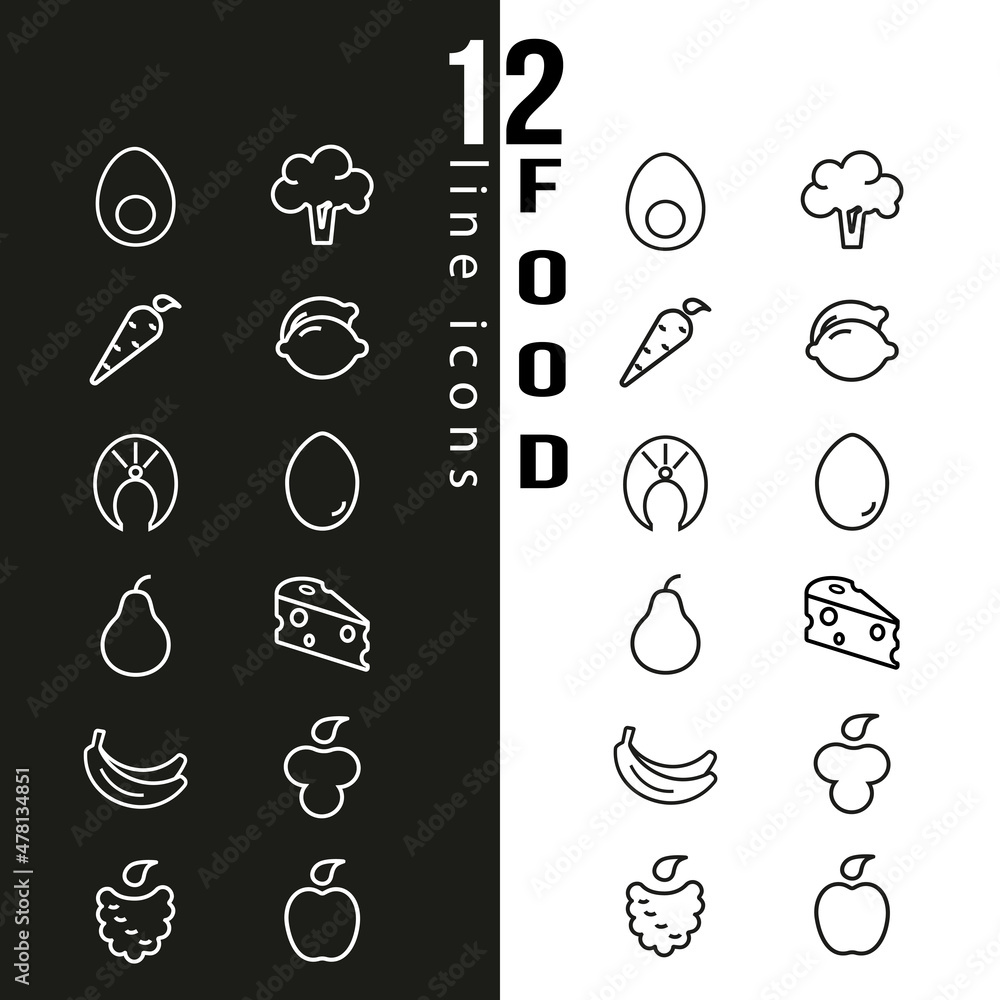 set of 12 healthy food one line icons for web or app design, vector ...