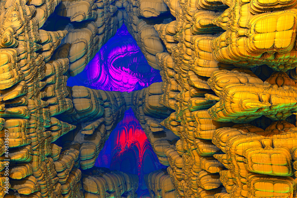 View through drawn cave with cavities at the end through which colored ...