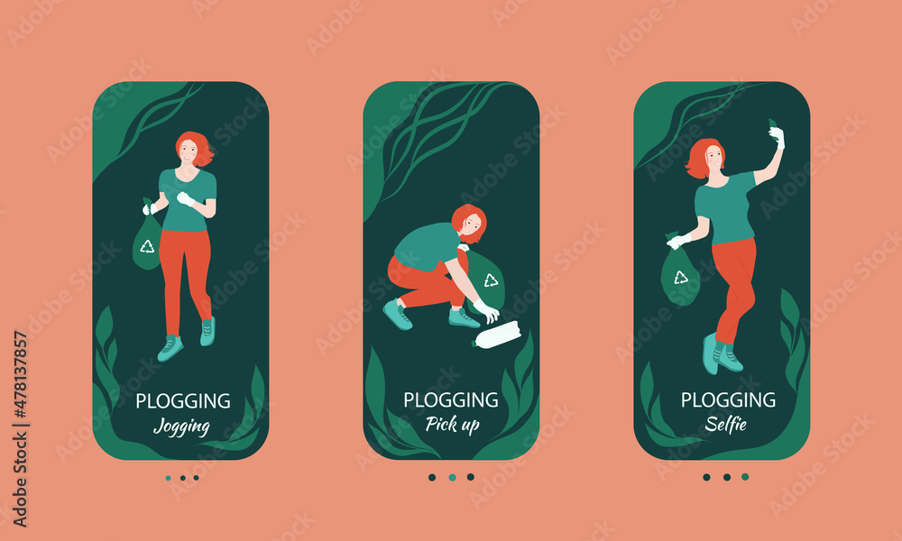 Plogging. The vector illustration of ploggings process. Girl jogging ...
