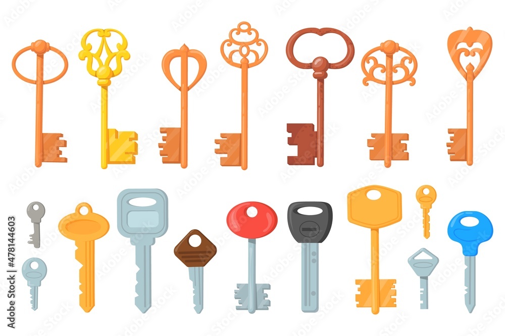 Cartoon door keys. Golden ancient brass old classic magic vintage key ...