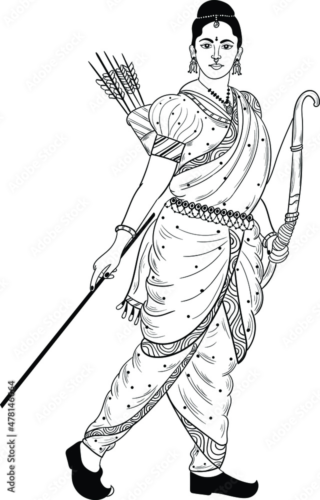 Stockvector Indian queen black and white line drawing illustration ...