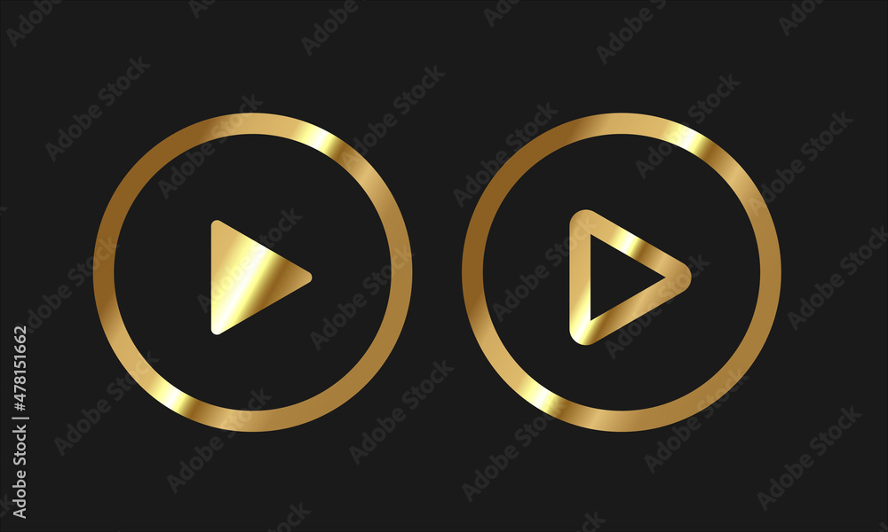 Two gold play buttons. Play icon in a gold round frame. Vector clipart ...