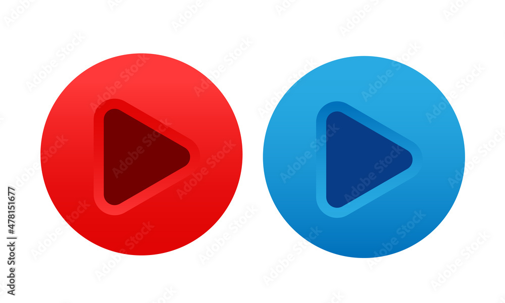 Two play buttons. Blue and red 3d buttons. Round vector buttons. Vector ...