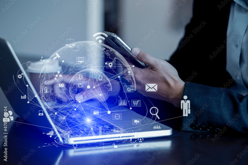 Business people hands working on network and digital finance marketing ...
