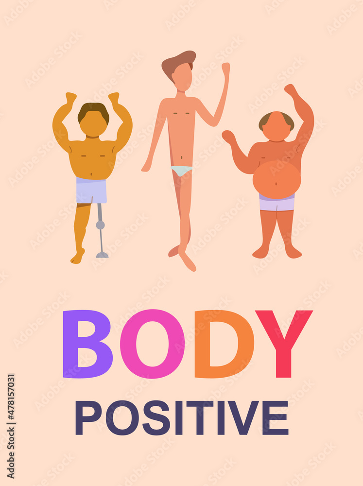 Different types of male figures on the card with the text Body positive. Self-acceptance and ...