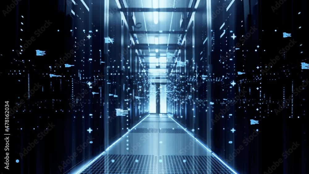 Digital information particles flow through network and data servers ...